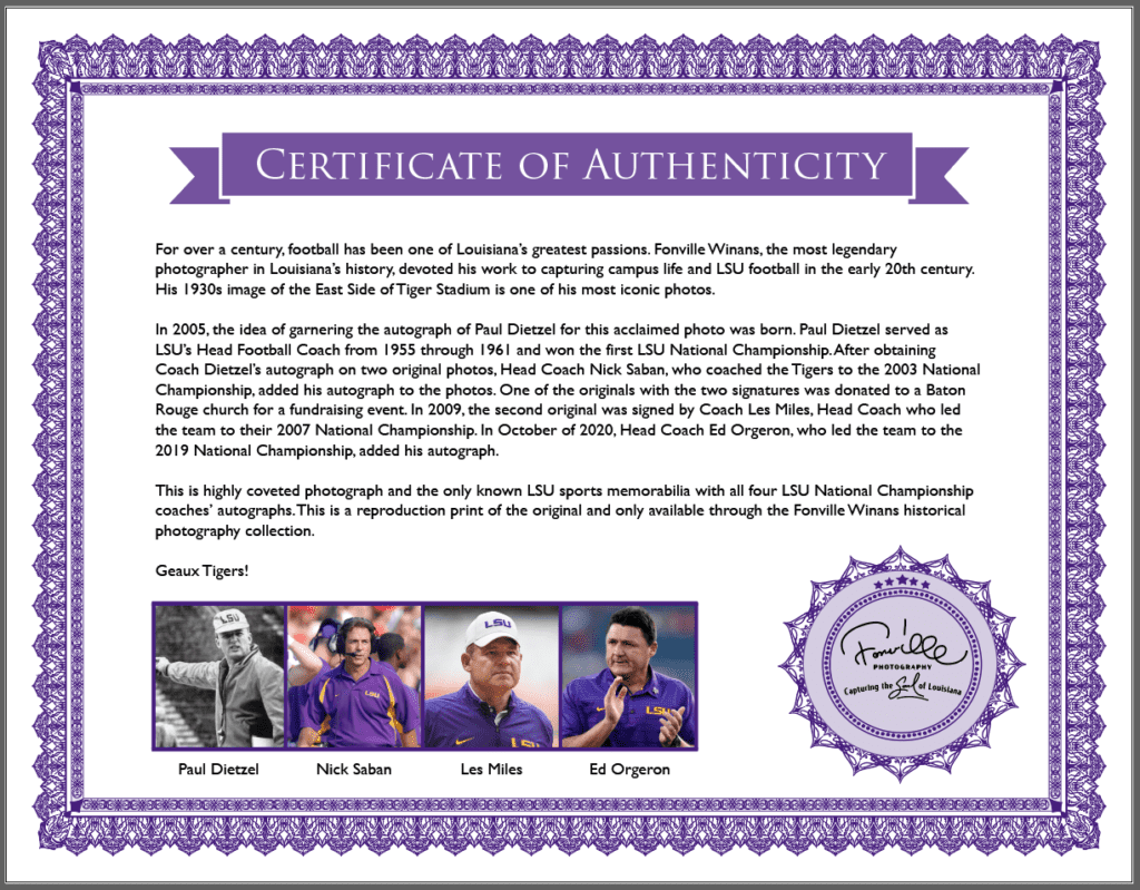 LSU Football Championship Coaches Signed Print - 1930 Tiger Stadium ...